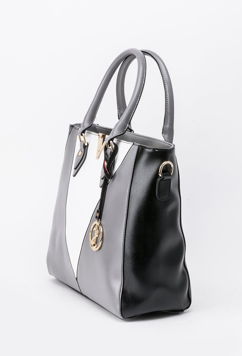 Geanta din piele ecologica neagra in combinatie cu gri si alb | Dasha.ro